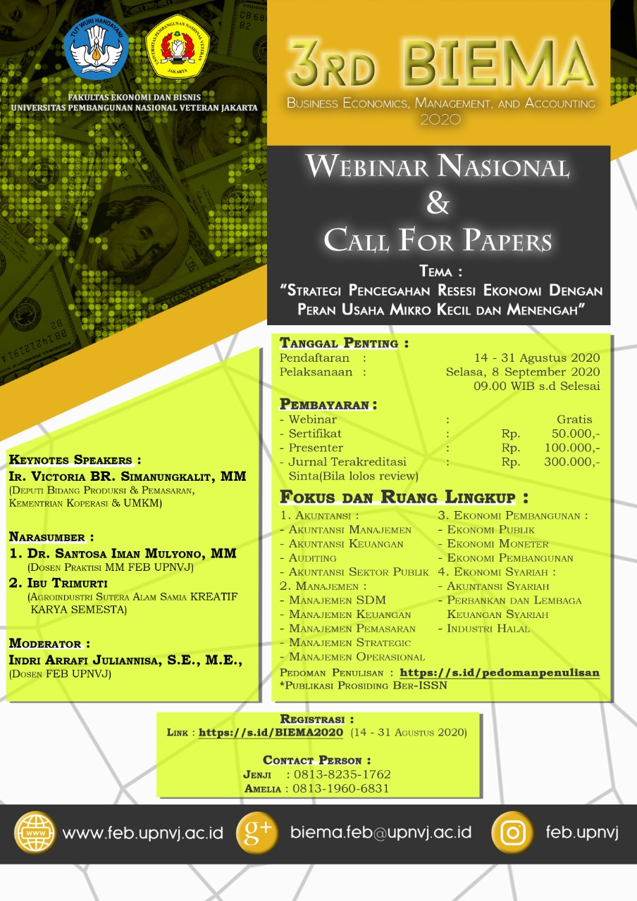 Call For Papers Seminar Nasional BIEMA 2020 "Strategi Pencegahan Resesi Ekonomi dengan Peran ...